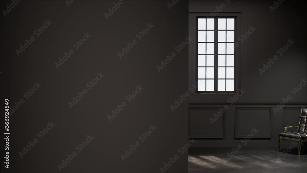 empty black modern room with furniture, pan right shot, video ultra HD ...