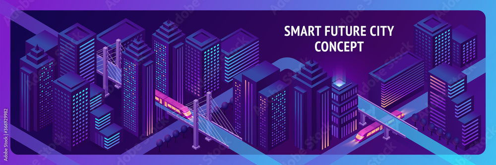 City of future isometric banner with speed trains riding on bridge with ...