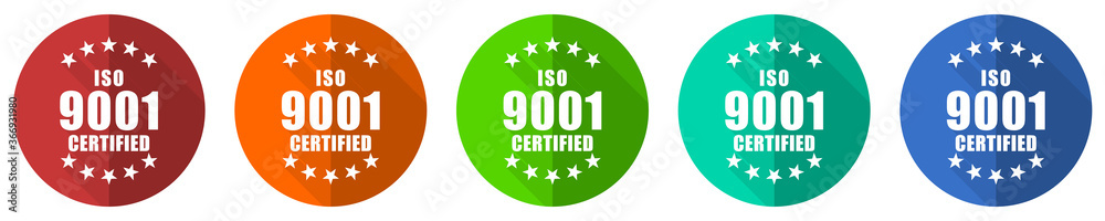 Iso 9001 icon set, red, blue, green and orange flat design web buttons ...