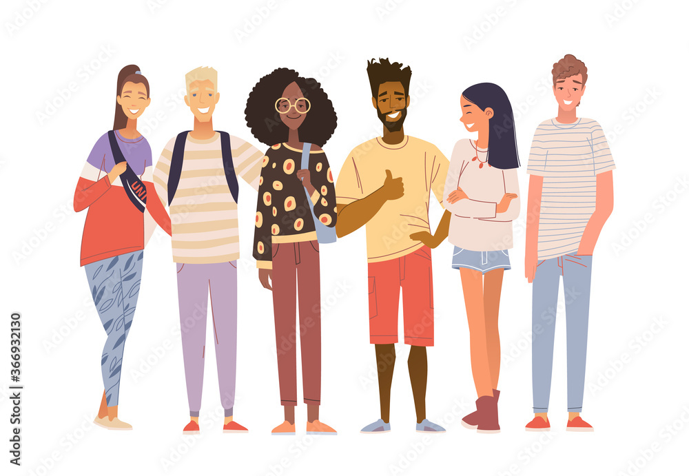 Group of multicultural students flat vector illustration. Laughing ...