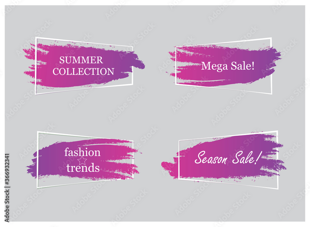 Trendy banner flat design set isolated on gray background. Brush stroke ...