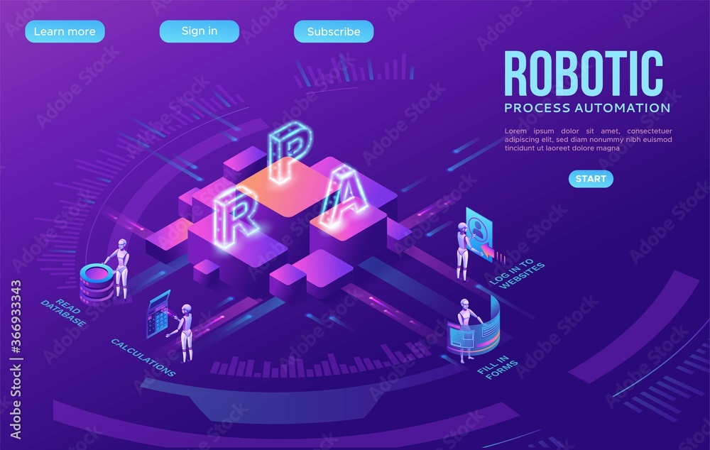 Robotic process automation landing page template with robots working ...