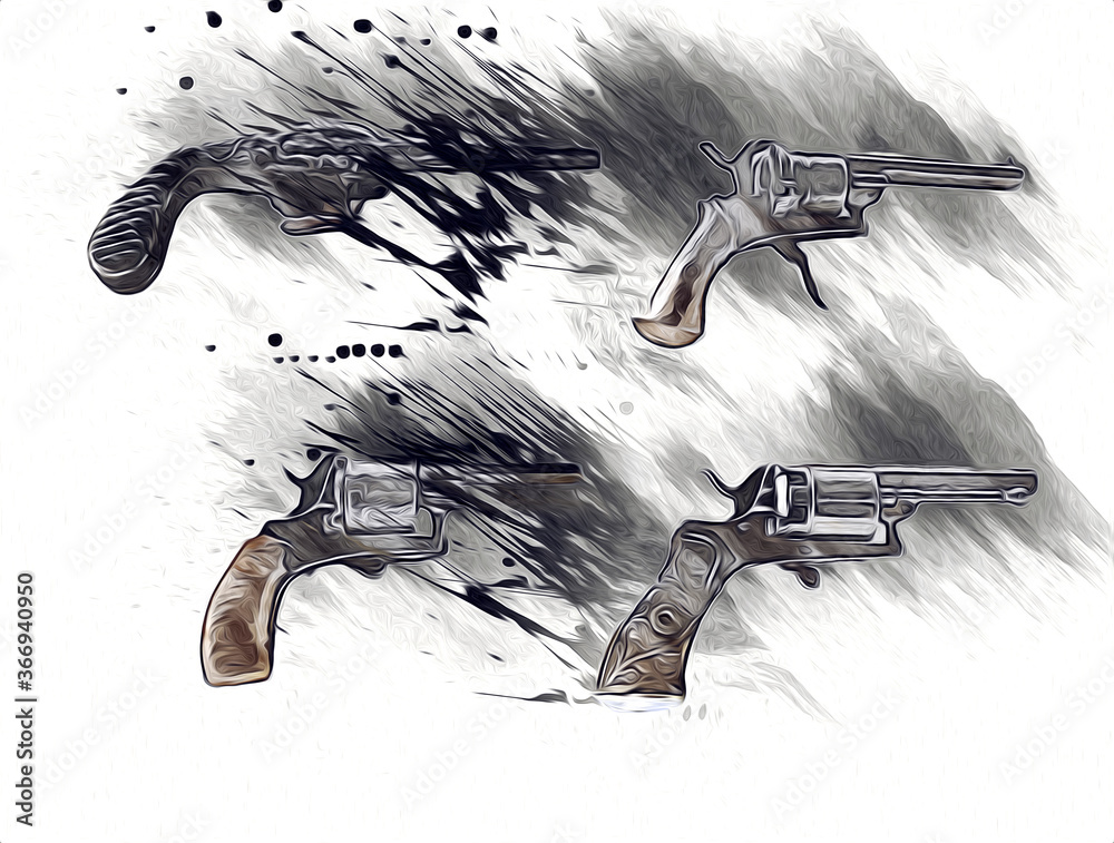 Revolver, hand drawn vintage gun illustration. Engraving style old ...
