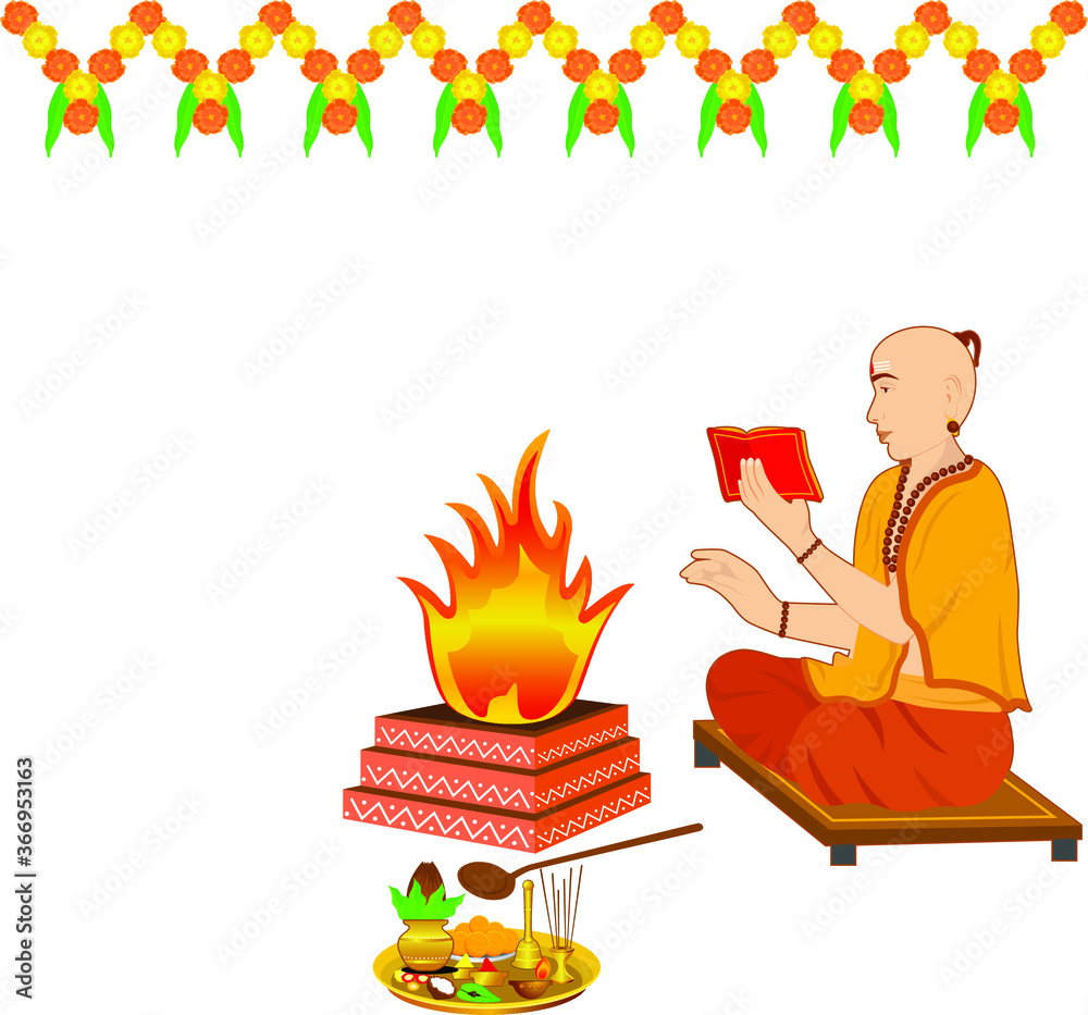 Indian priest Panditji performing havan pooja and worshiping gods ...