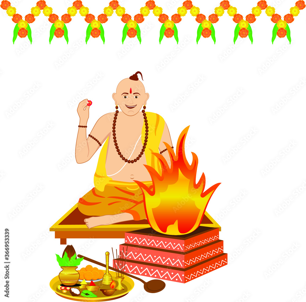 Indian priest Panditji performing havan pooja and worshiping gods ...