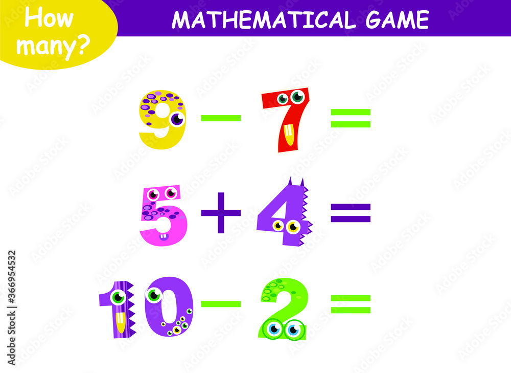 Poster mathematical examples of addition and subtraction with cute ...