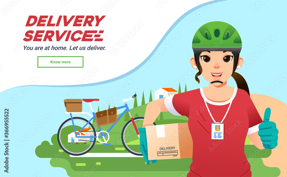 deliverry service courrier girl sending package with bysicle, women ...