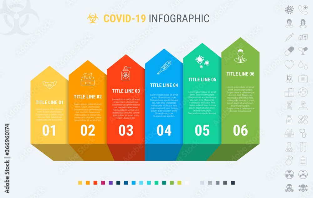 Colorful diagram of covid-19 infographic template. Timeline with 6 ...