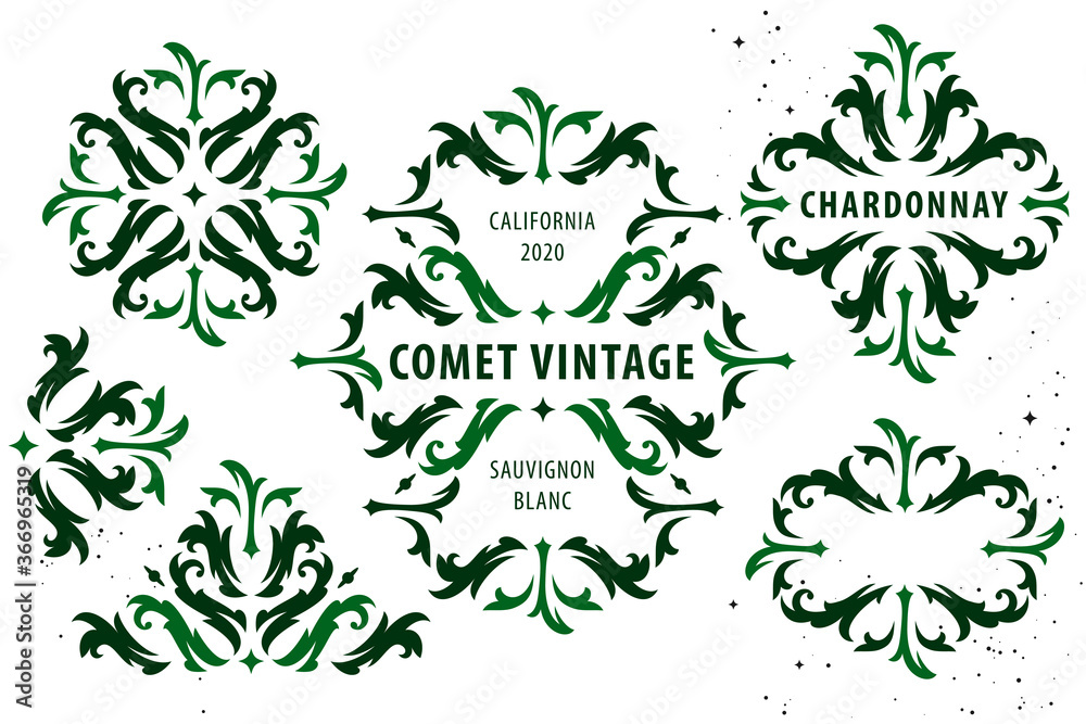Vintage frames with comet and flourishes, set; wine label template ...