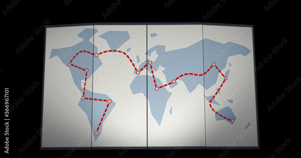 Itinerary Route is drawn on foldable world map. Red line path on map ...