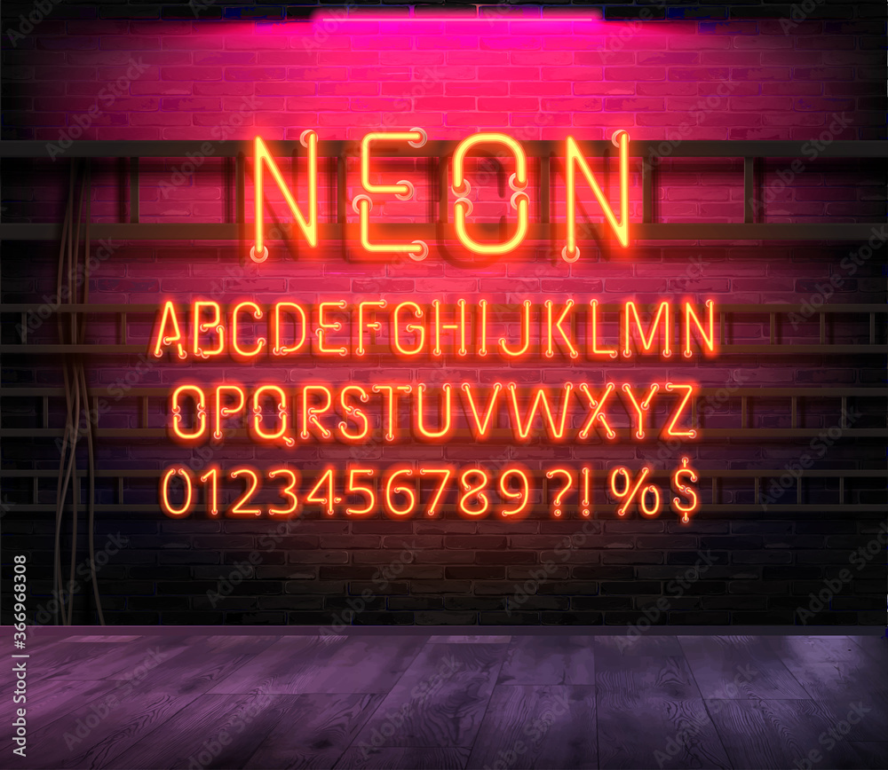 Neon alphabet, letters on a brick wall. Red and pink neon. Vector ...