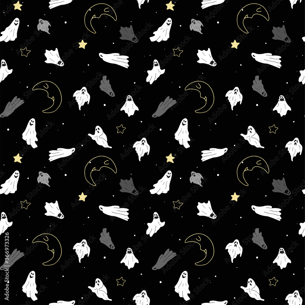 Ghost seamless pattern for Halloween. With stylish hand drawn cartoon ...