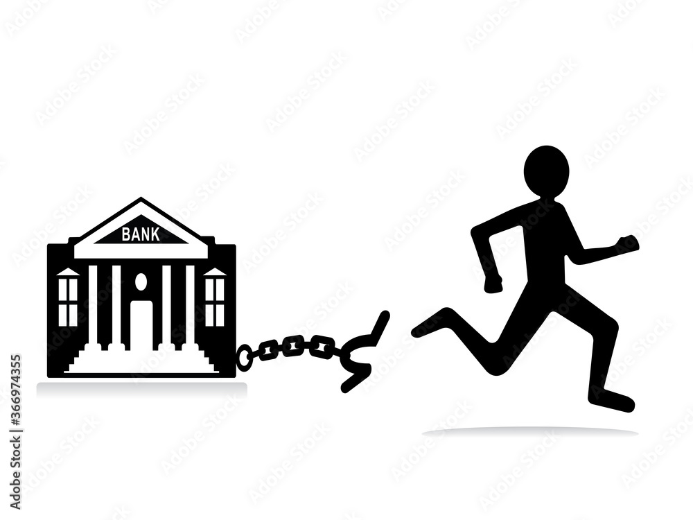 debt free concept, man running away from bank unlocking chains, vector ...