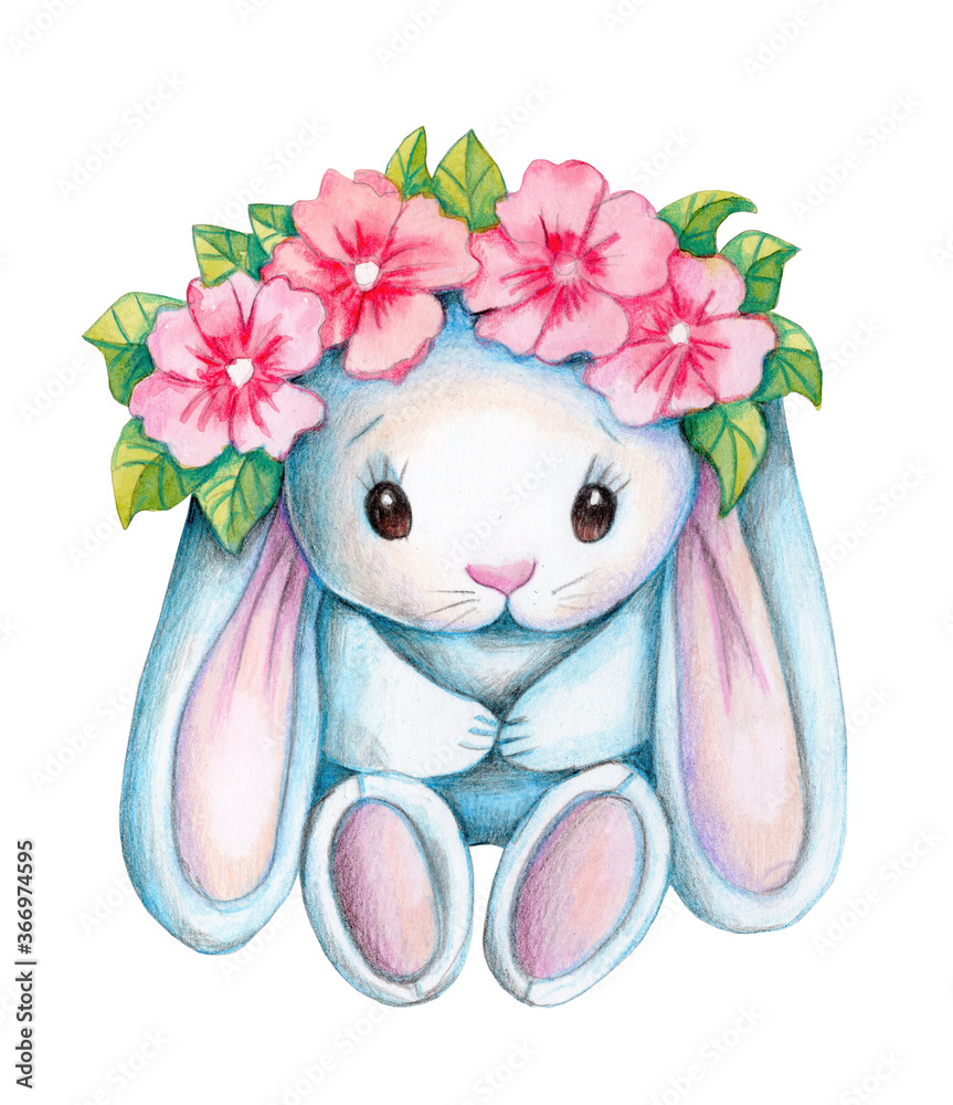 Watercolor illustration of cute cartoon blue bunny rabbit hare with ...