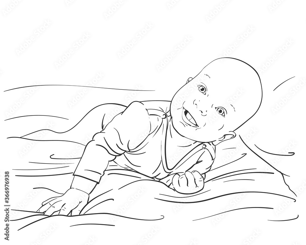 Baby infant on bed laying on belly with head up, Vector sketch, Hand ...