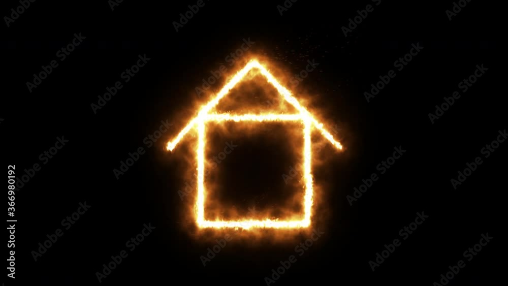 Burning house on a black background. An empty house frame with a fiery ...