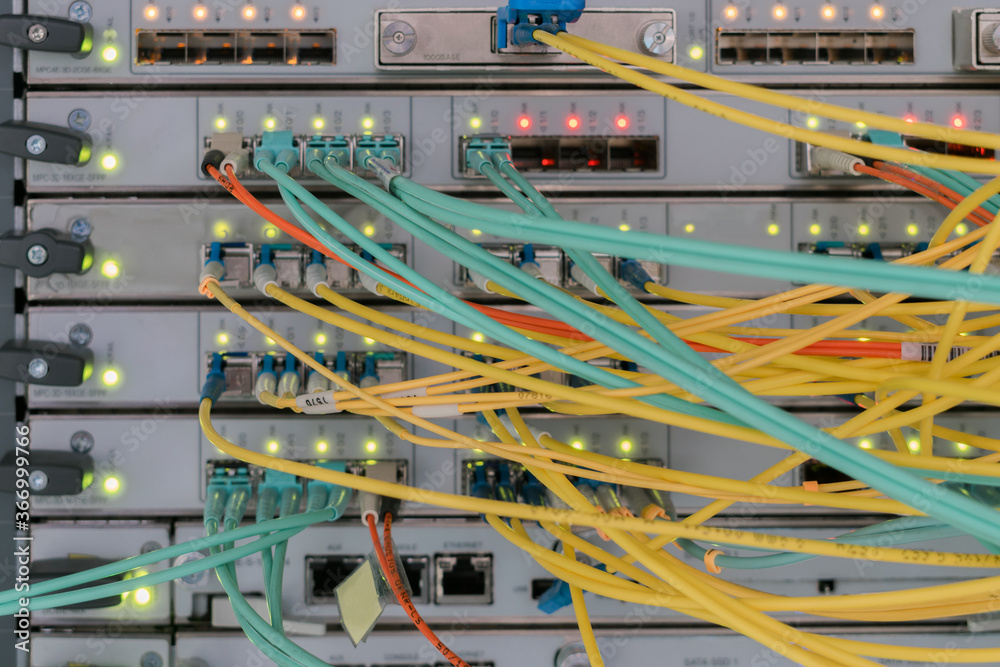 Fiber optic data transmission wires. Modern cable internet connection ...