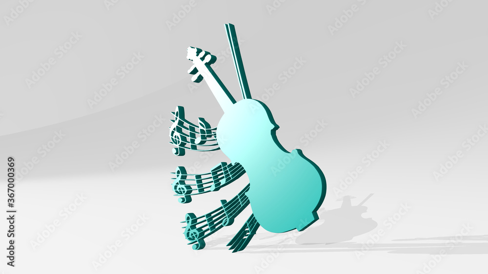 music notes and violin made by 3D illustration of a shiny metallic ...