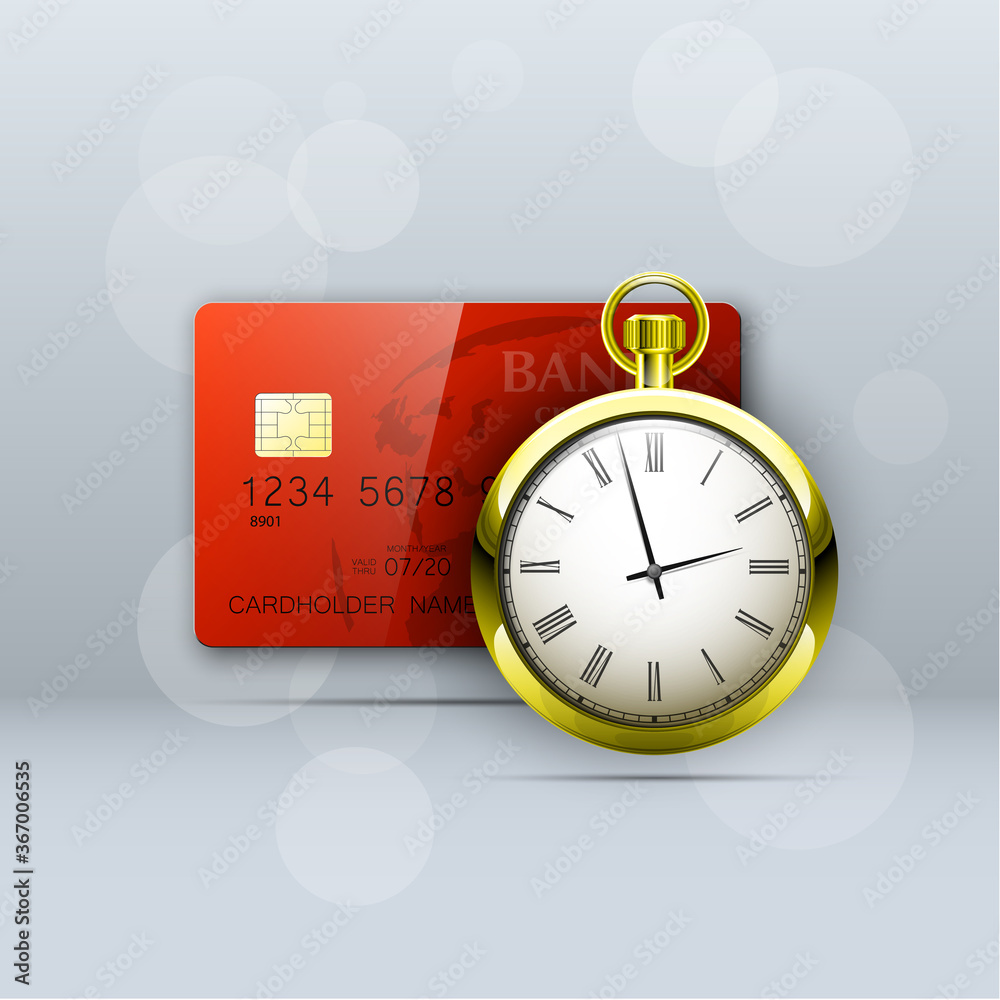 Credit card & gold pocket watch on chain banner. Banking old breguet ...