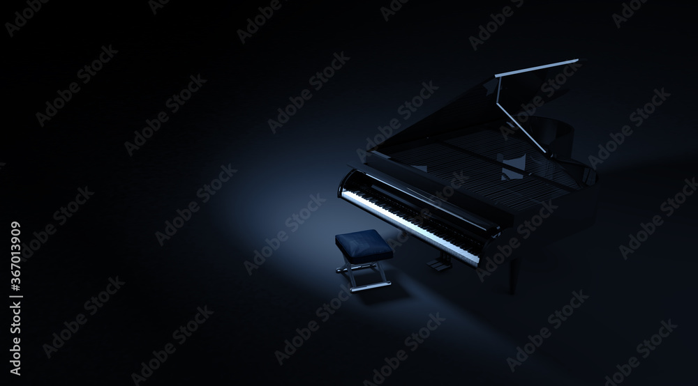 Musical design background.3d illustration.Grand piano in dark room and ...