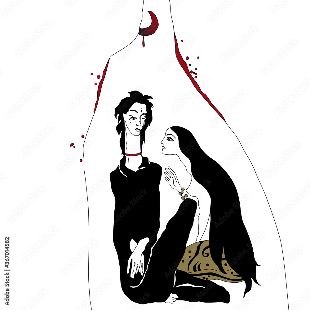 Two fantastic characters. Young man and woman in a cave. Salome and ...