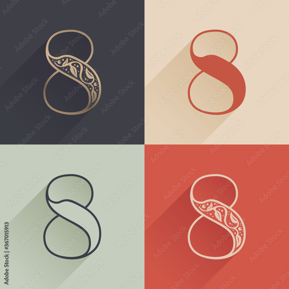 Classic number eight logo with premium decoration. Four style serif ...