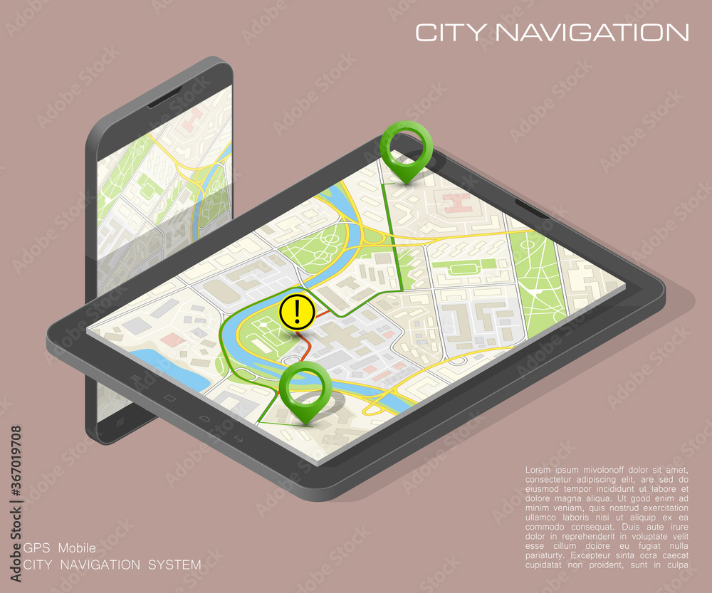 isometry City map navigation route, phone point delivery van, isometric ...