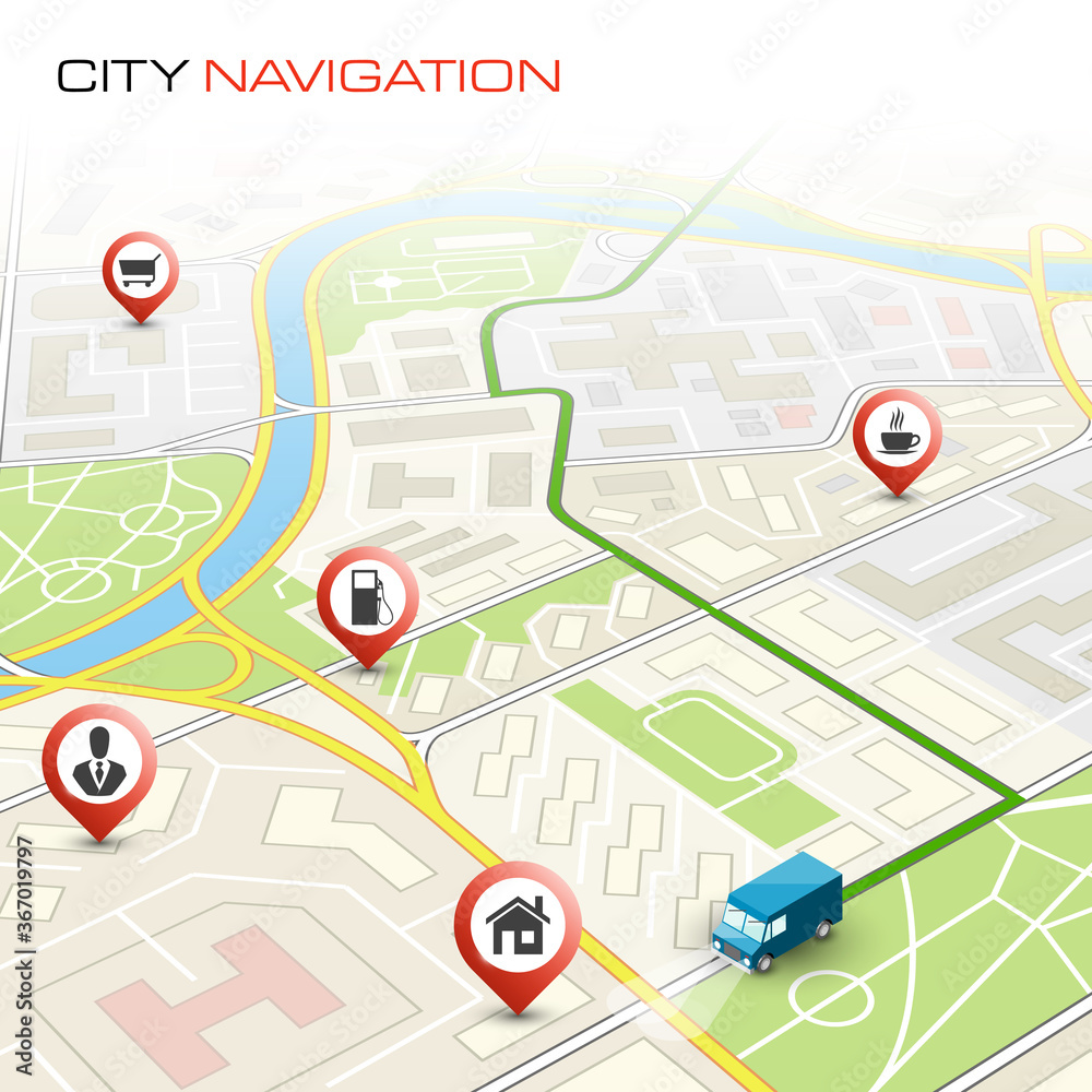 City map navigation route, point markers delivery van, schema itinerary ...