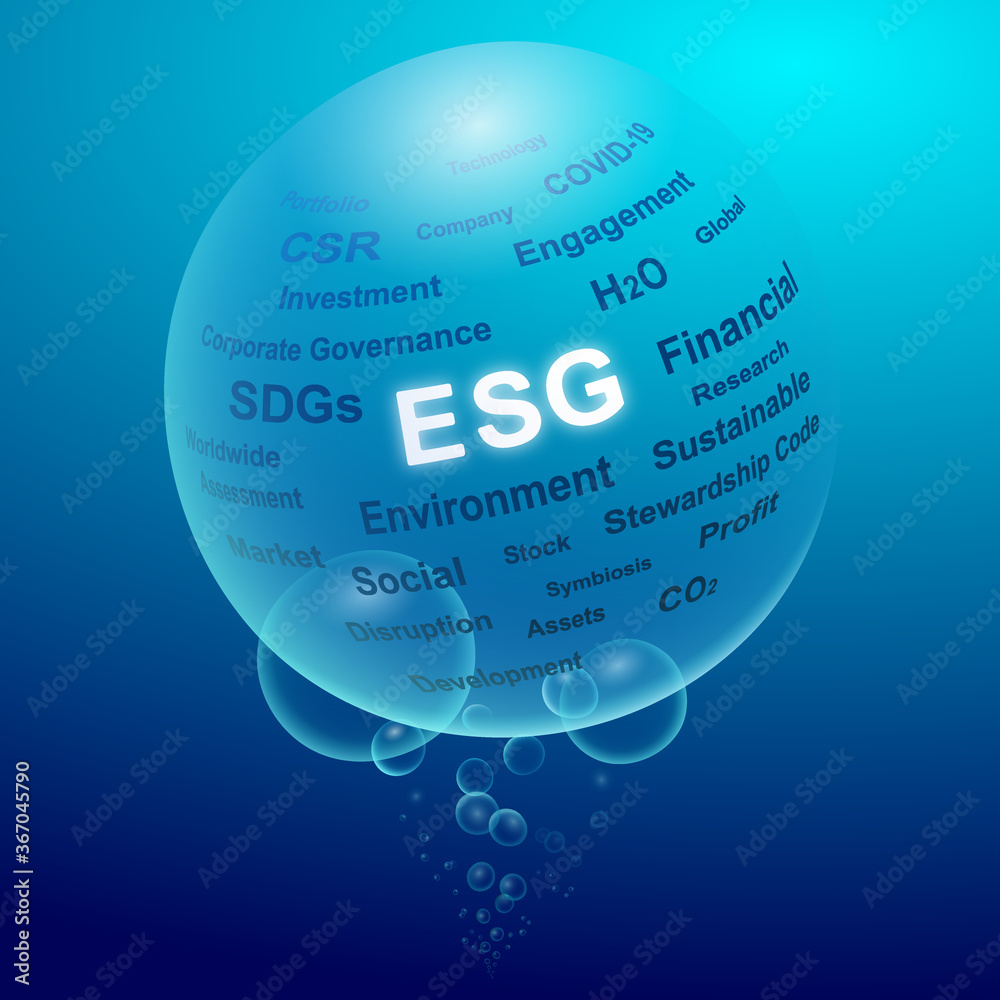 Underwater bubbles and word cloud sphere. ESG concept illustration ...