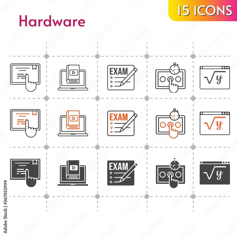 hardware icon set. included exam, test, learn, maths, touchscreen, test ...