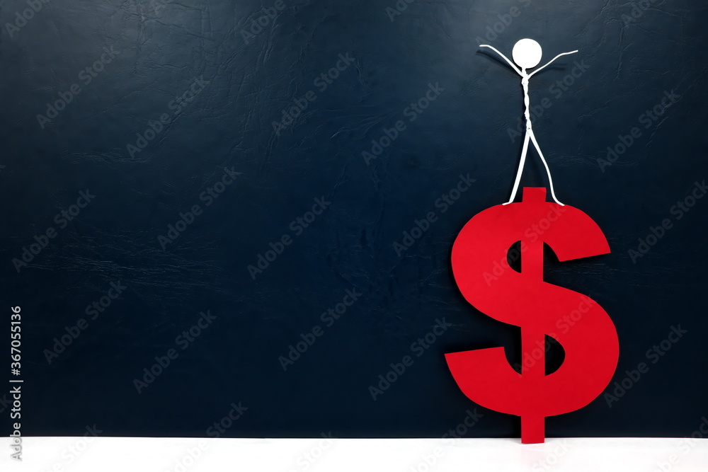 Human stick figure on top of a red dollar sign cutout. Financial ...