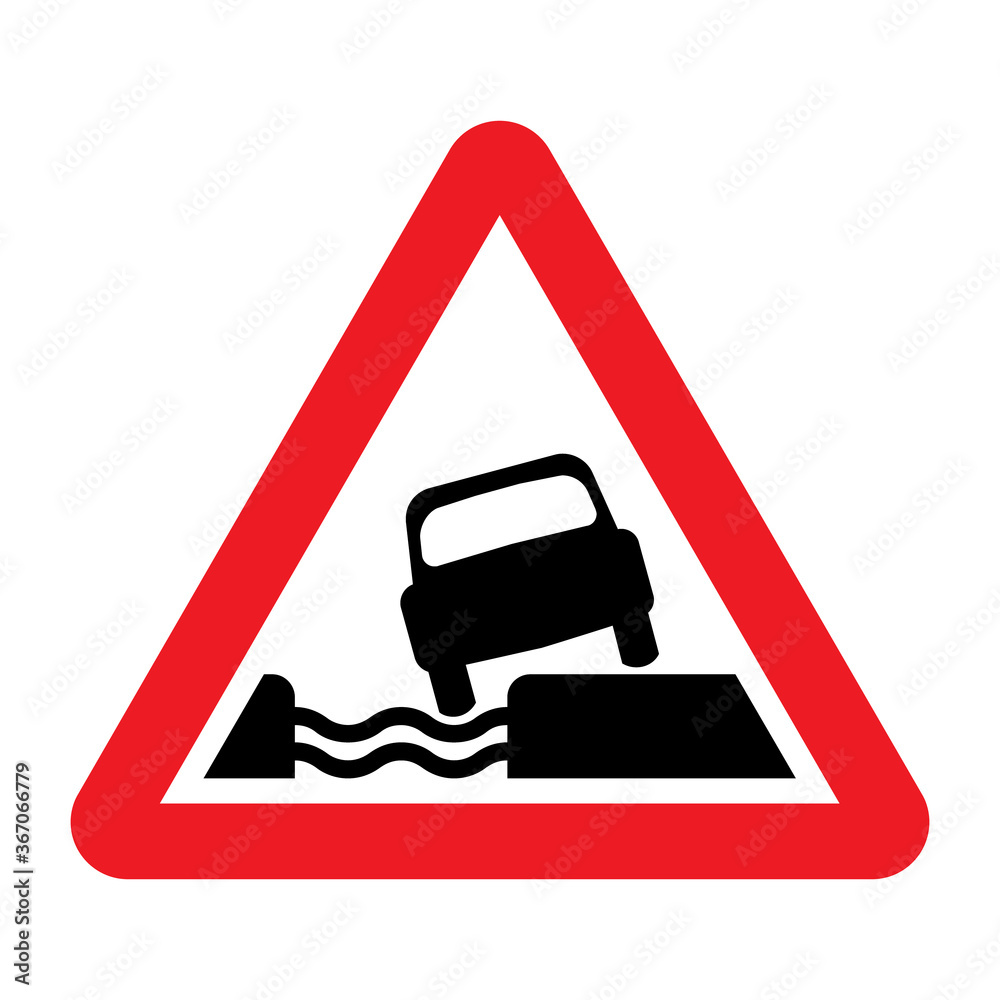 Water course alongside road ahead traffic sign. Vector illustration of ...