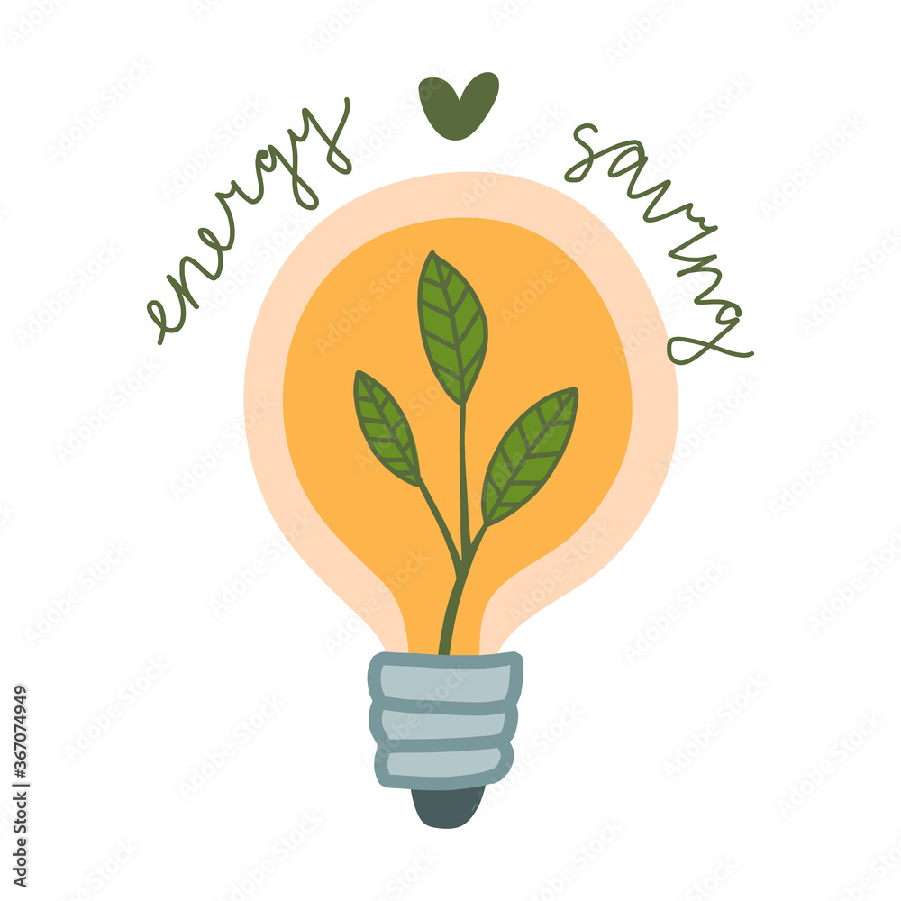 Vector illustration of a yellow light bulb with a plant inside. The ...