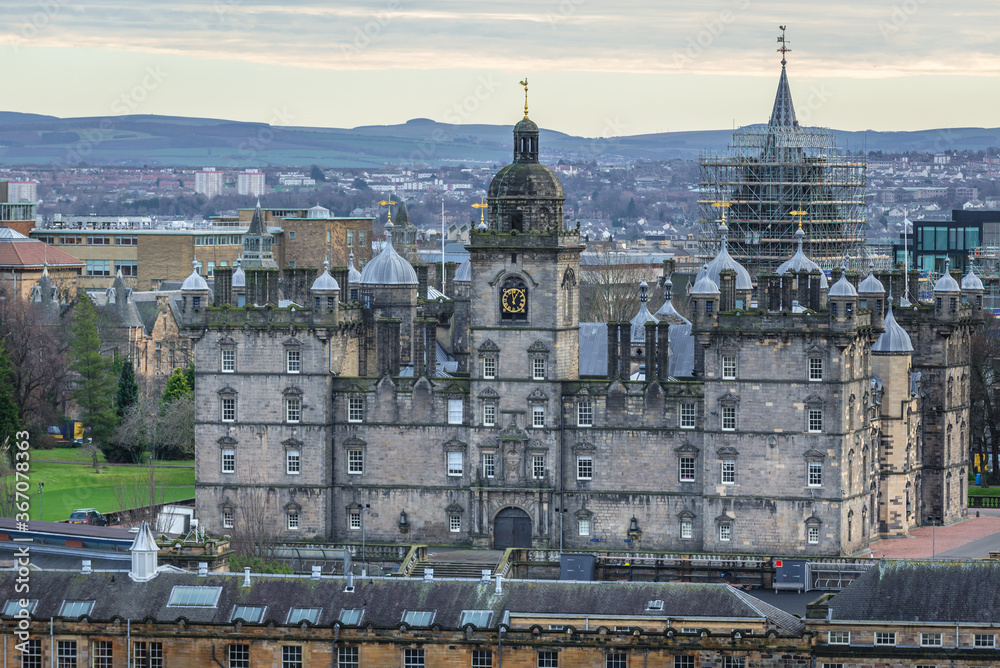 Aerial view with George Heriots School Edinburgh city, Scotland, UK ...