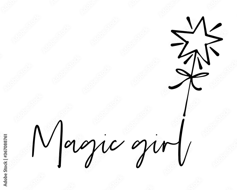 Magic girl and wand text. Cute black line sing and illustration. Simple ...