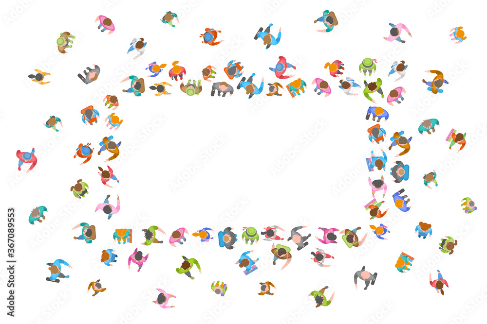 Large group of people crowded in rectangular frame on white background ...
