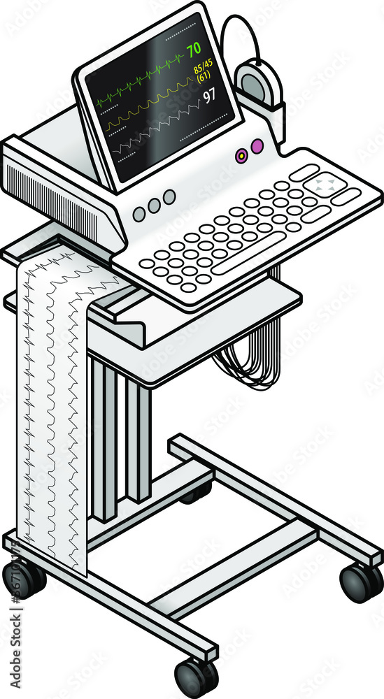 An ECG/EKG machine on a trolley with a printer, printout paper strip ...