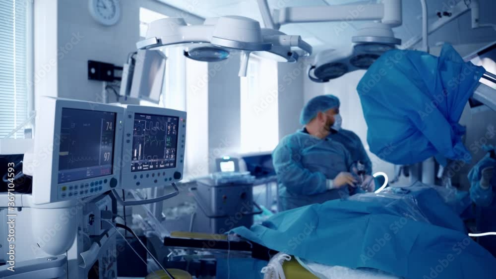 Medical equipment on surgery background. Modern operating theater in ...