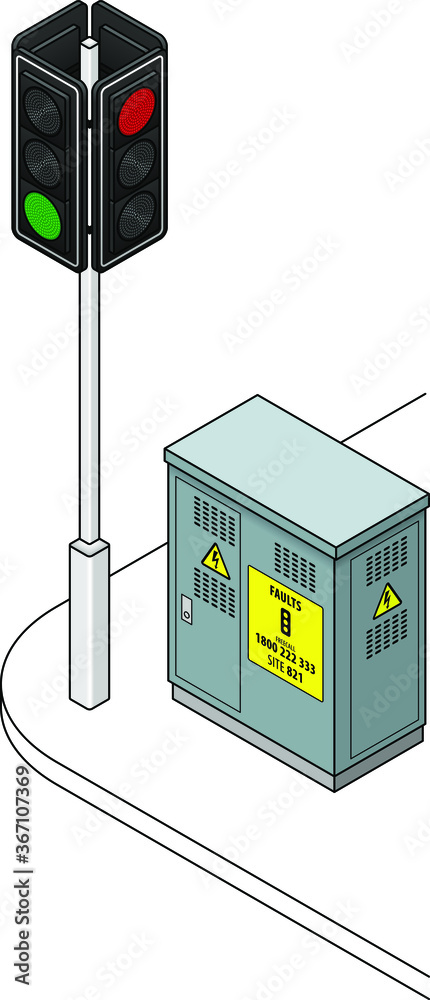 A traffic light with a road side controller box. Controller box has a ...
