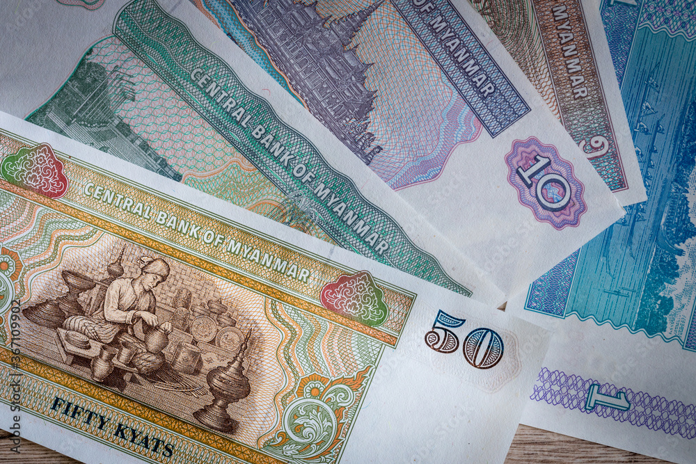 Myanmar currency, Kyat, Banknotes of various denominations Stock Photo ...