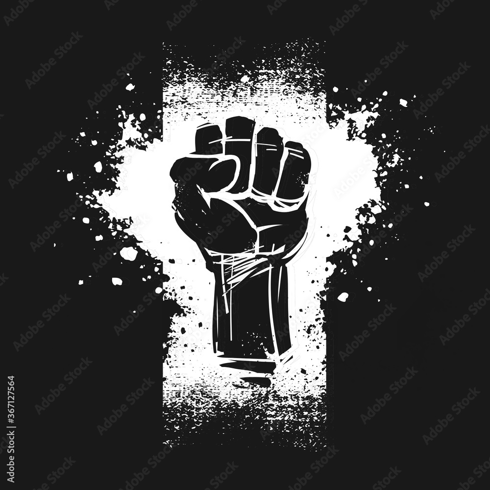 Raised fist illustration, as a symbol for resistance, on black ...