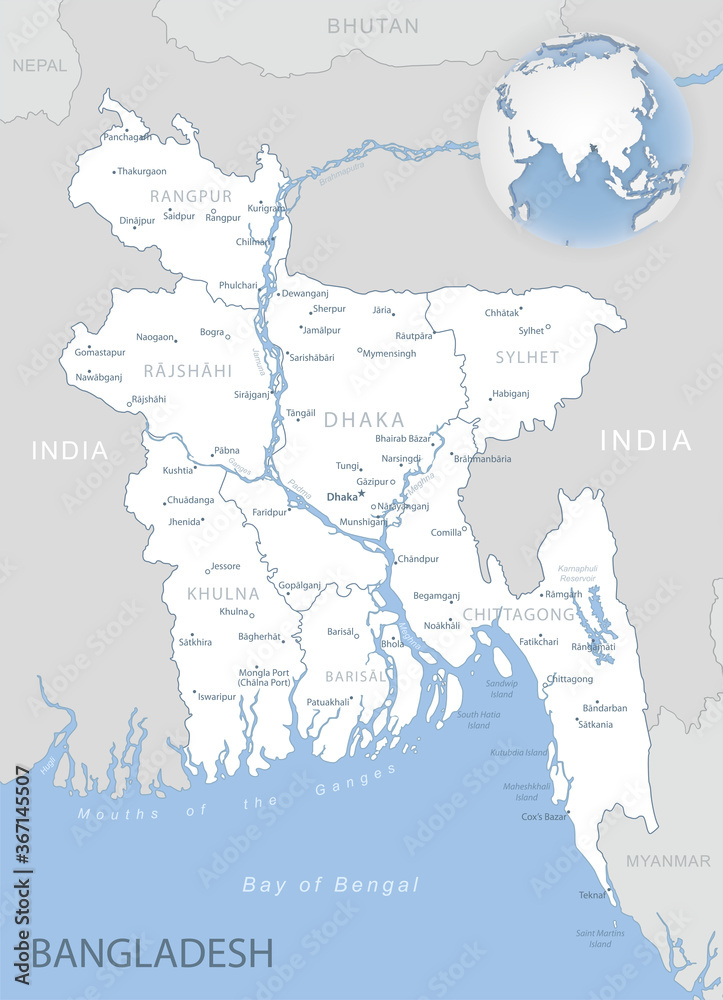 Blue-gray detailed map of Bangladesh administrative divisions and ...