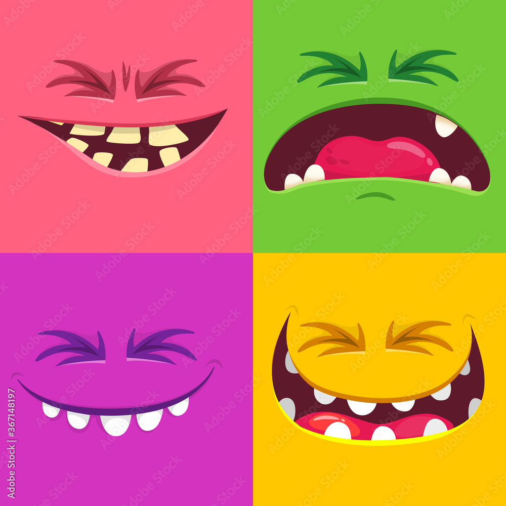 Cartoon monster faces set. Vector collection of four Halloween monster ...