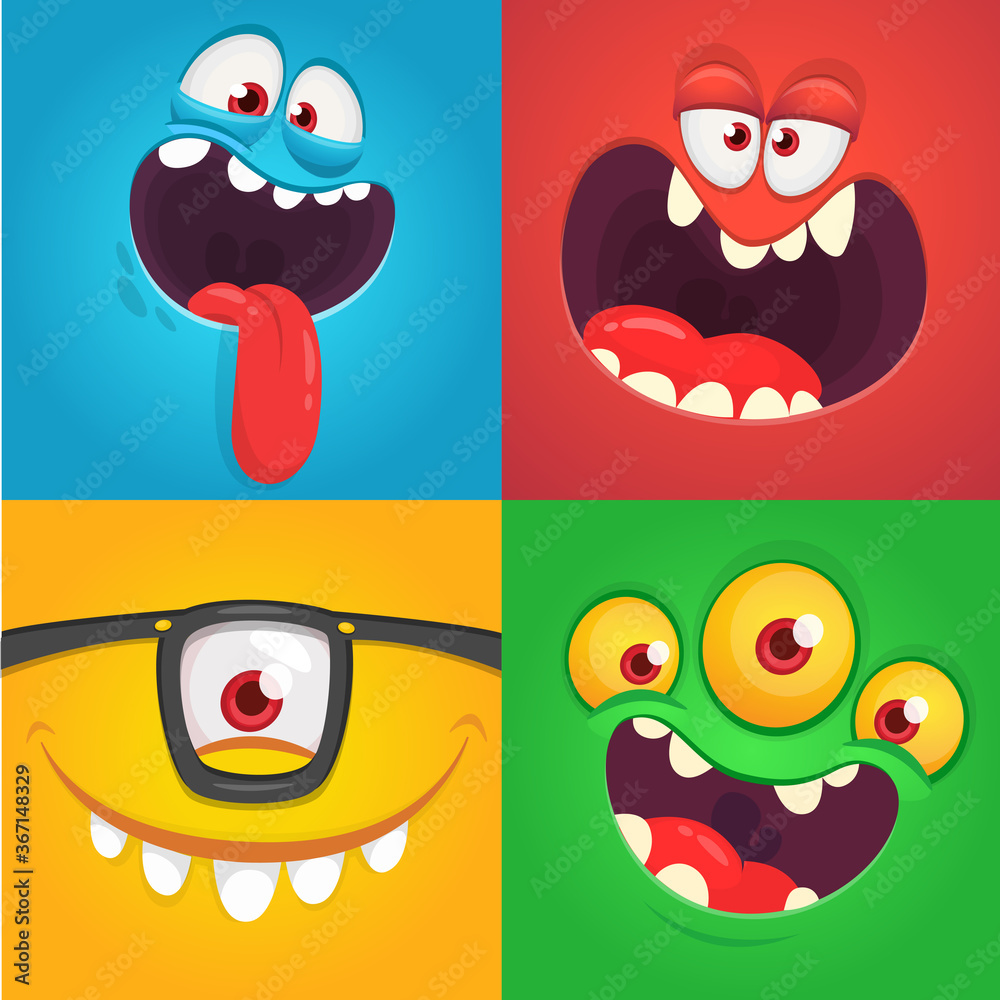 Cartoon monster faces set. Vector collection of four Halloween monster ...