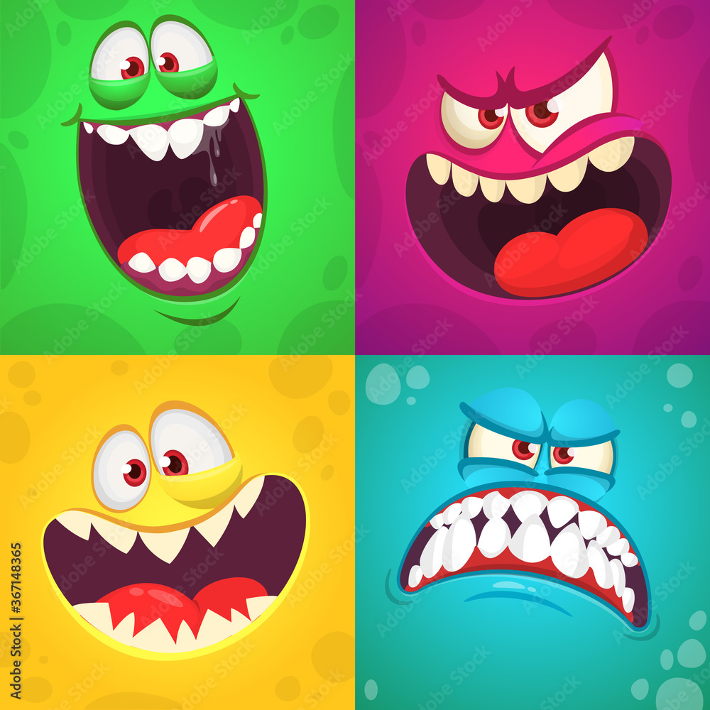 Cartoon monster faces set. Vector collection of four Halloween monster ...
