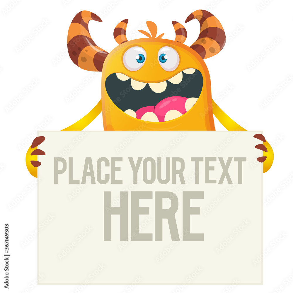 Catoon monster holding blank sign with sample message on it. Vector ...