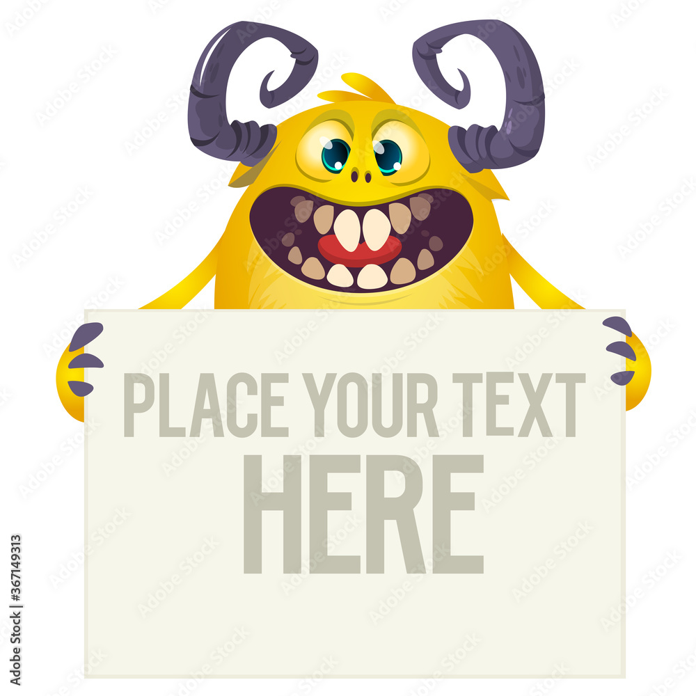 Catoon monster holding blank sign with sample message on it. Vector ...