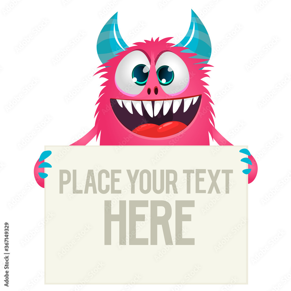 Catoon monster holding blank sign with sample message on it. Vector ...