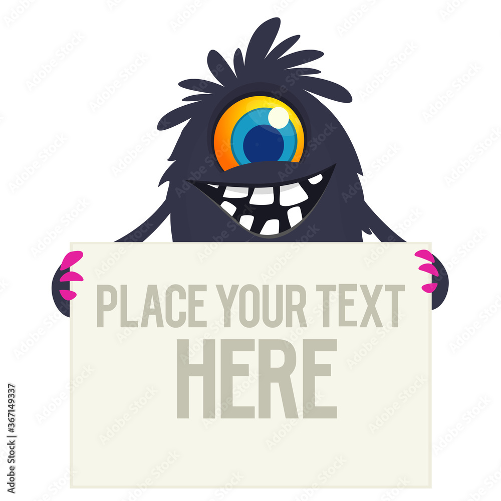 Catoon monster holding blank sign with sample message on it. Vector ...