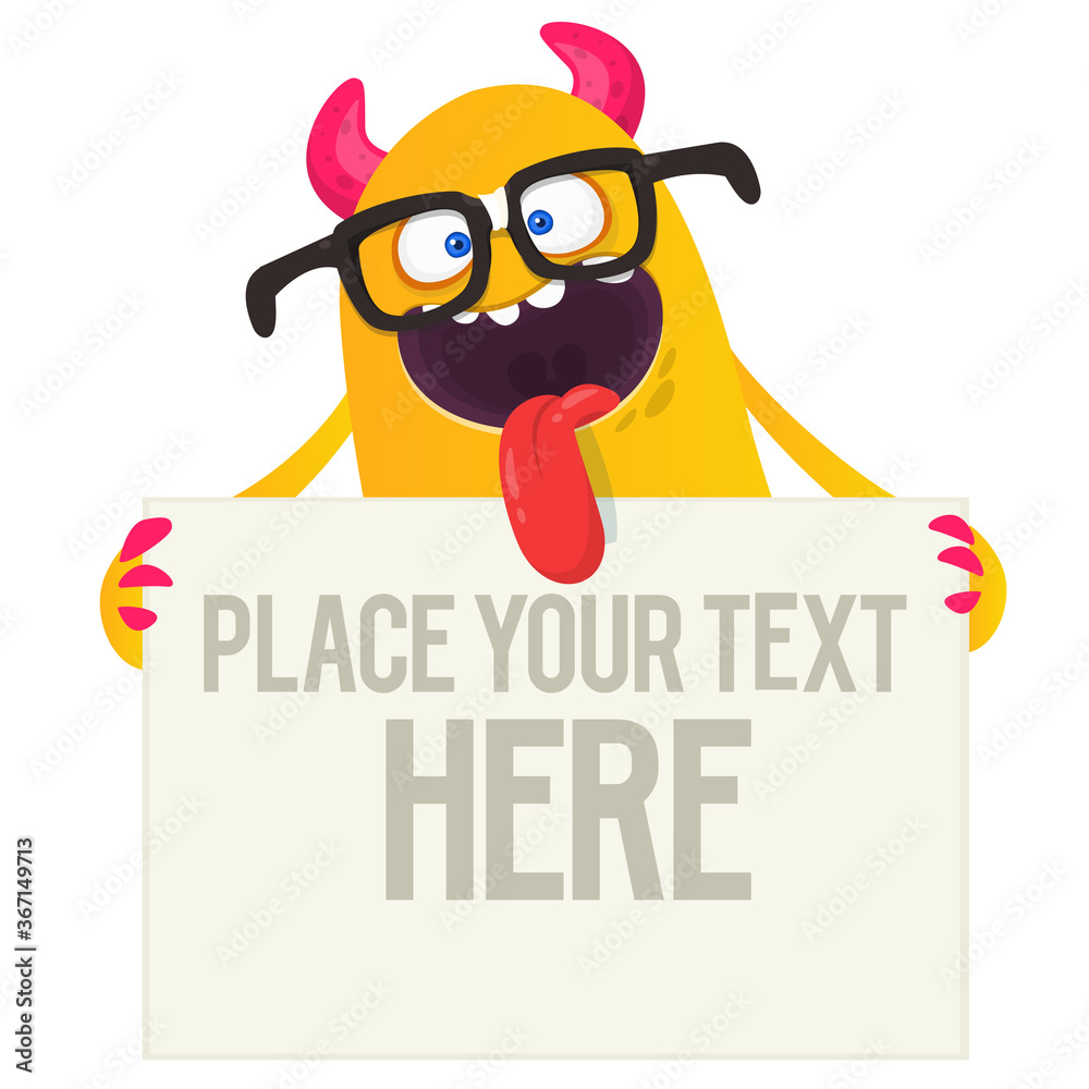 Catoon monster holding blank sign with sample message on it. Vector ...